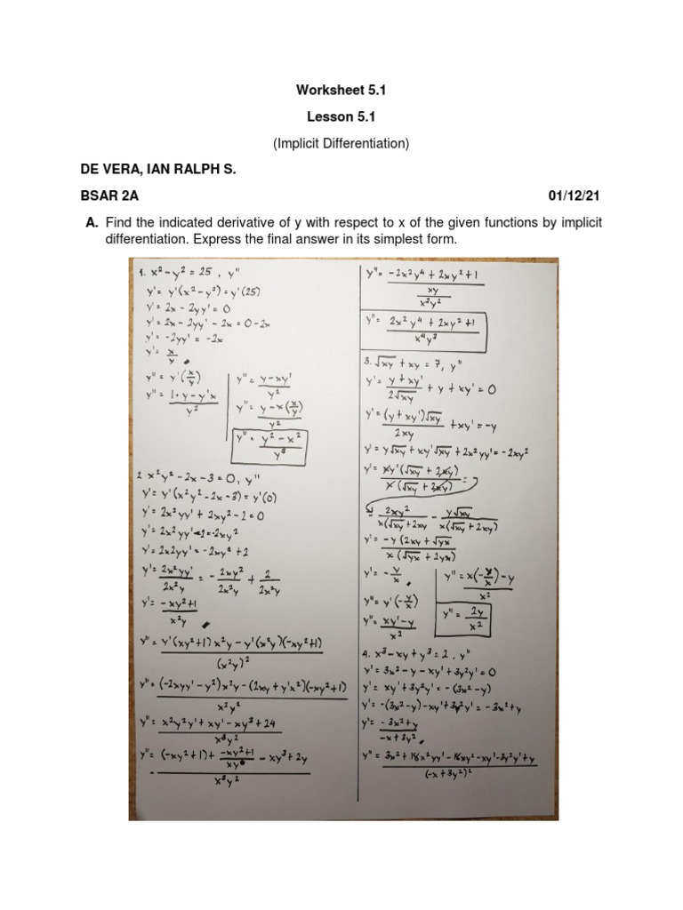 (Implicit Differentiation) : Worksheet 5.1 Lesson 5.1 | PDF