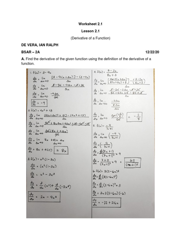 Derivative and Tangent Line Worksheet | PDF