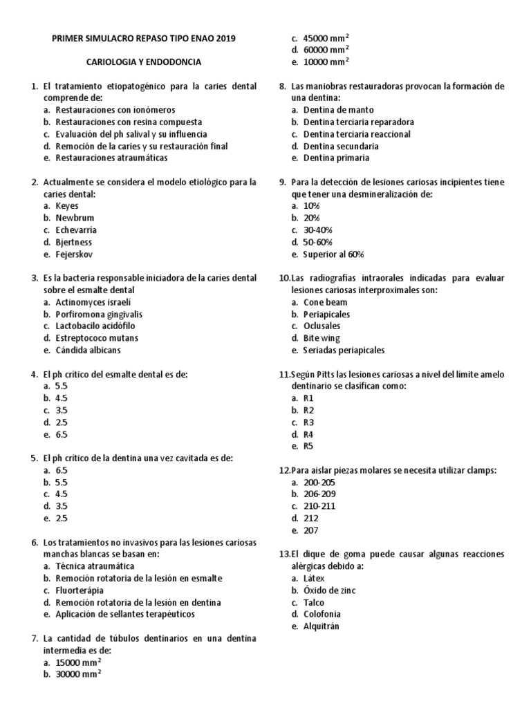 Simulacro ENAO 2019: Cariología y Endodoncia | PDF | Infección | Cáncer