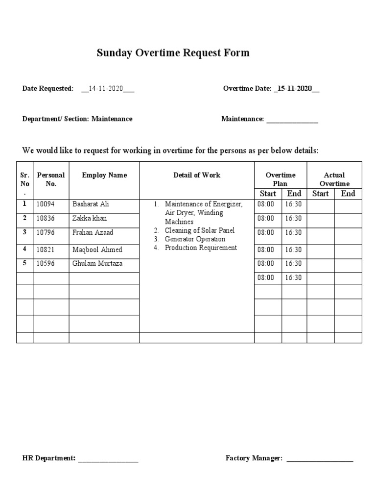 Sunday Overtime Request Form | PDF