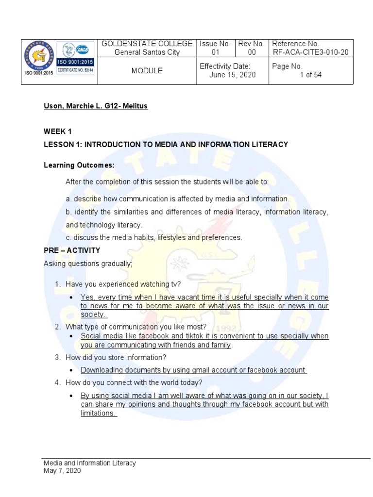 Media and Information Literacy | PDF | Media (Communication ...