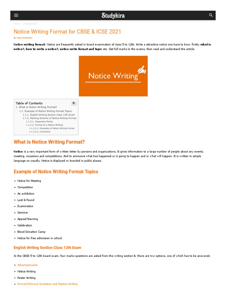 Notice Writing Format Topics | PDF | Test (Assessment) | Question