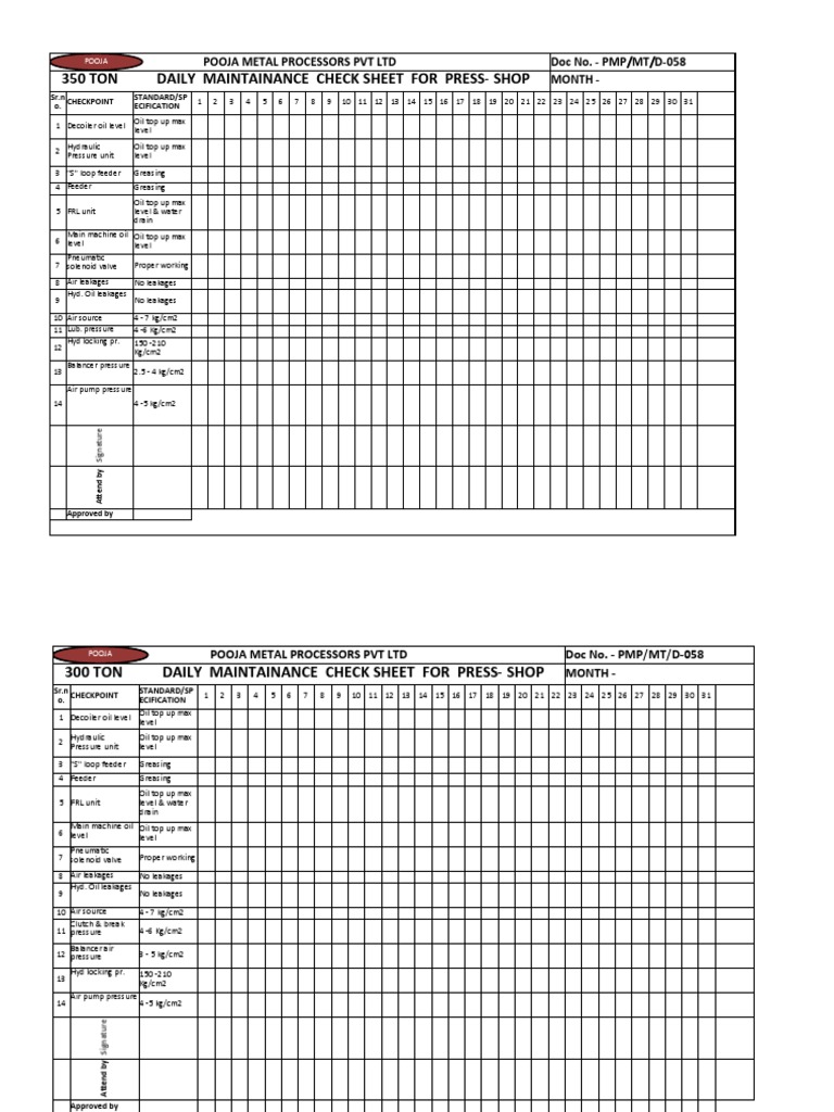 Daily Maintenance Check Sheets for Various Metal Pressing Machines at ...