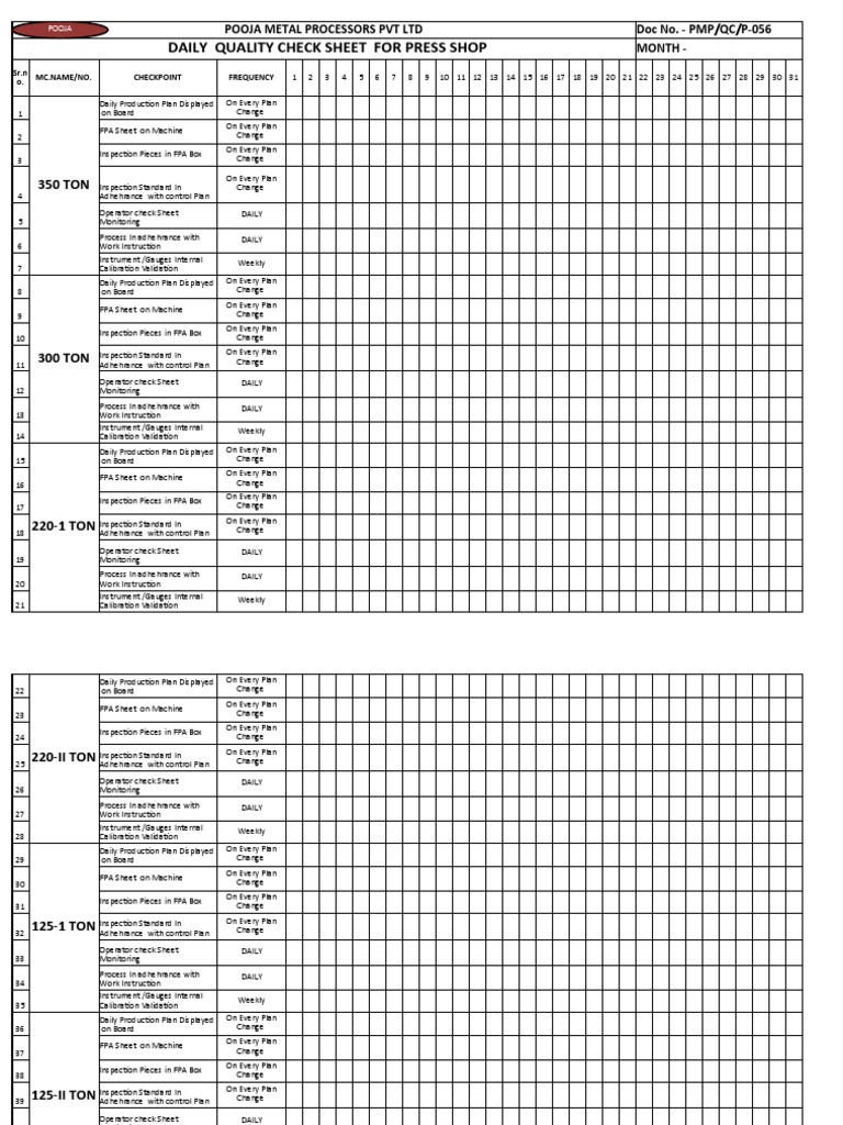 Quality Check Sheet Press Shop Rev-01 | PDF | Calibration | Computer ...
