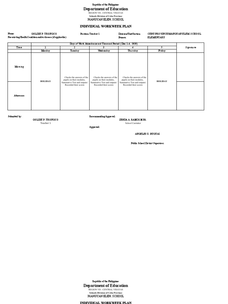 Mangyan Elem. School Workweek Plan | PDF | Workweek And Weekend