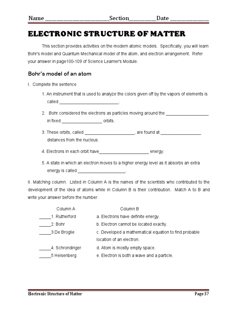 Electronic Structure of Matter Activities | PDF | Electron ...
