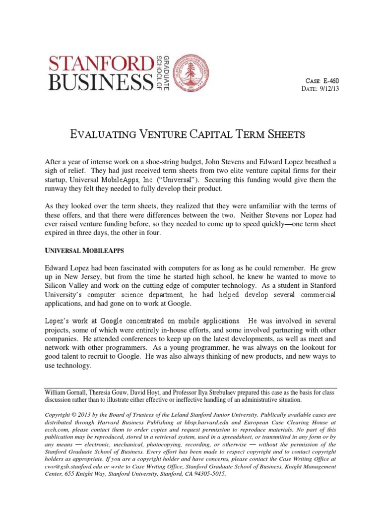 Evaluating Venture Capital Term Sheets Pdf Preferred Stock Stocks