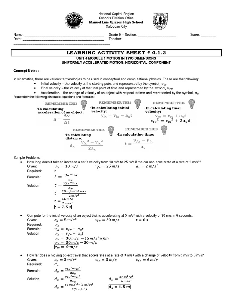 Science 9 LAS 4.1.2 UNIFORMLY ACCELERATED MOTION HORIZONTAL COMPONENT ...