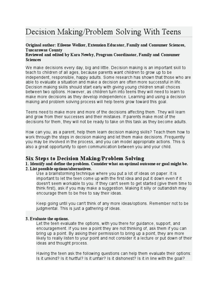 Decision Making/Problem Solving With Teens | PDF | Decision Making ...