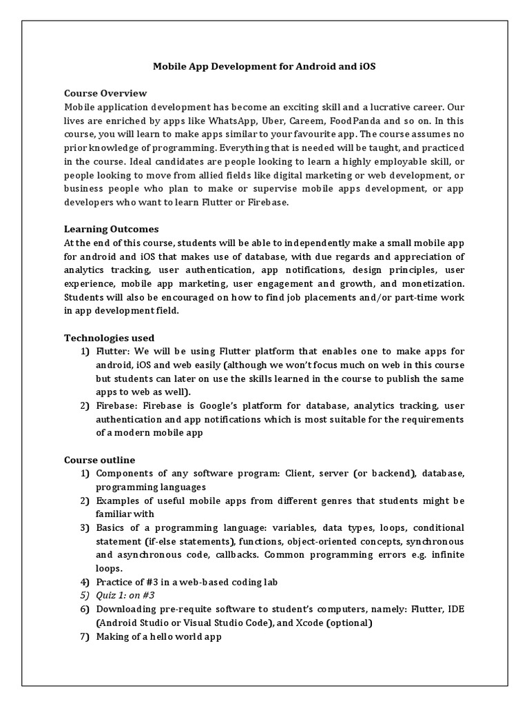 Course Overview Mobile App Development For Android And Ios Pdf Mobile App Android