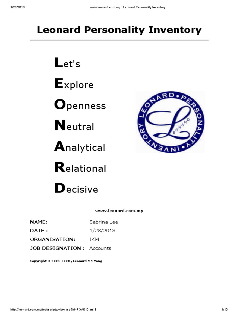 L E O N A R D: Leonard Personality Inventory | PDF | Psychological ...