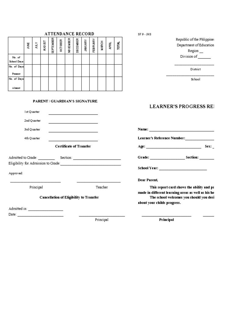 SF 9 - JHS (Learner's Progress Report Card B) TC | PDF | Learning | Behavior Modification