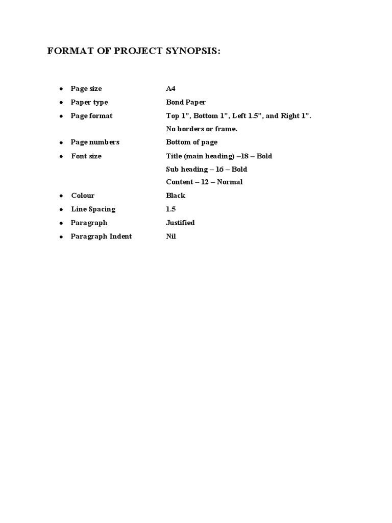 Format of Project Synopsis:: Page Size Paper Type Page Format Page ...