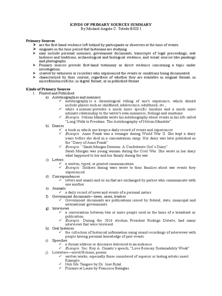 Kinds of Primary Sources Summary | PDF | Primary Sources | Diary