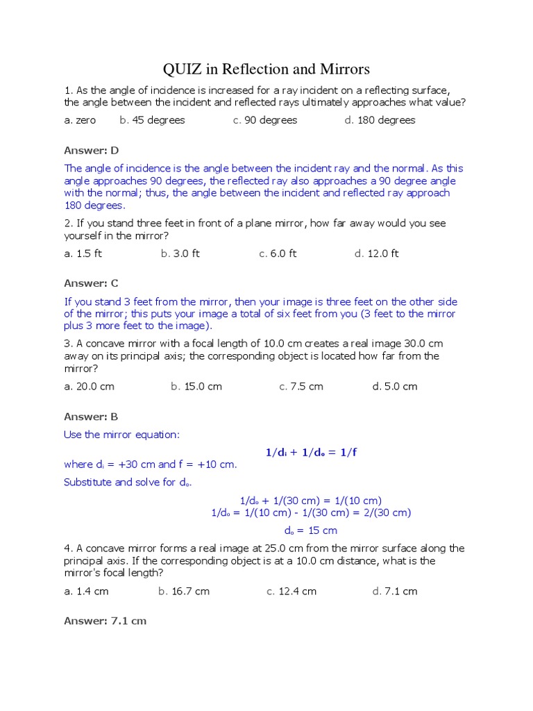 Reflection and Mirrors Quiz | PDF | Mirror | Reflection (Physics)