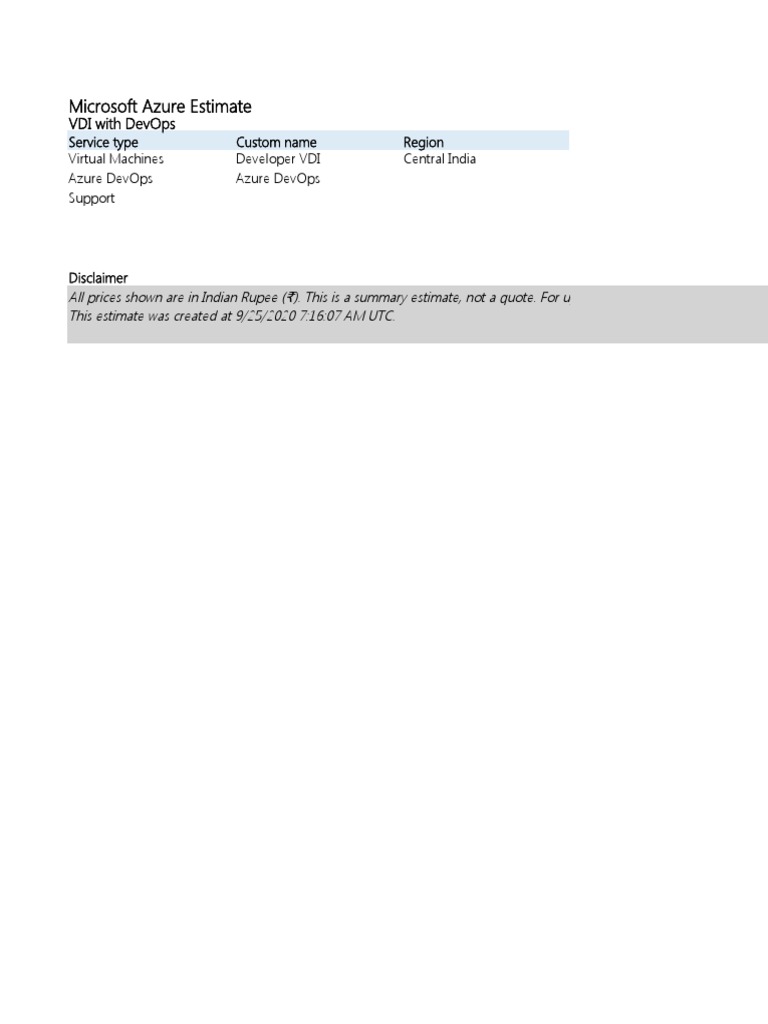 Microsoft Azure Estimate: Vdi With Devops | PDF