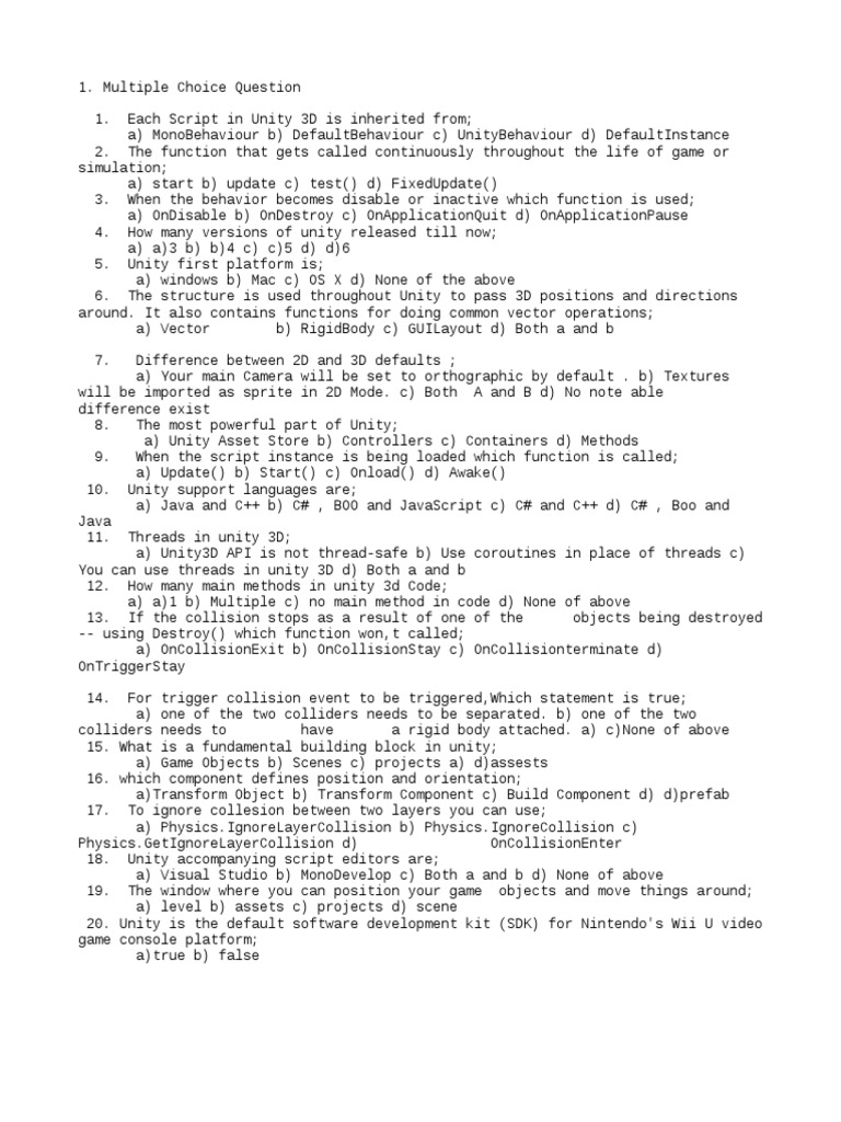 Unity Mcqs | PDF | Unity (Game Engine) | Computing Platforms Unity Mcqs | PDF | Unity (Game Engine) | Computing Platforms