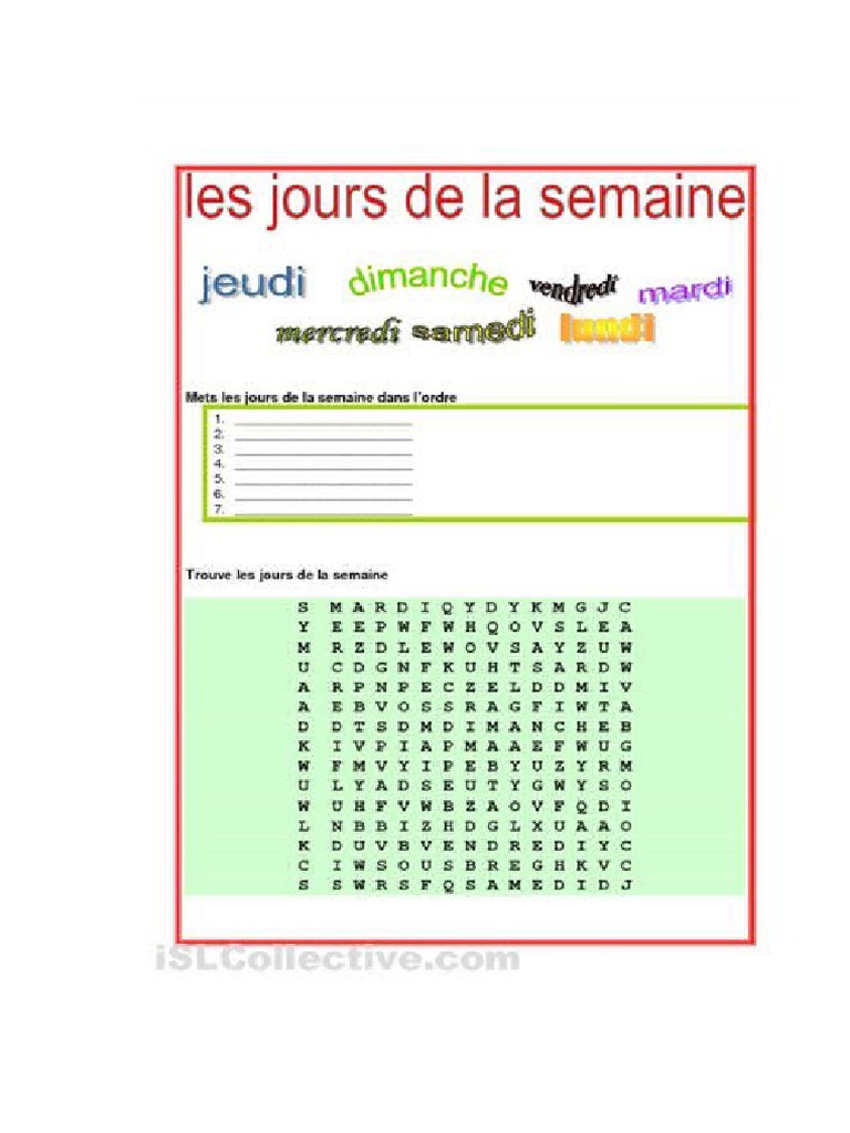 Jours de La Semaine Mots Mêlés | PDF