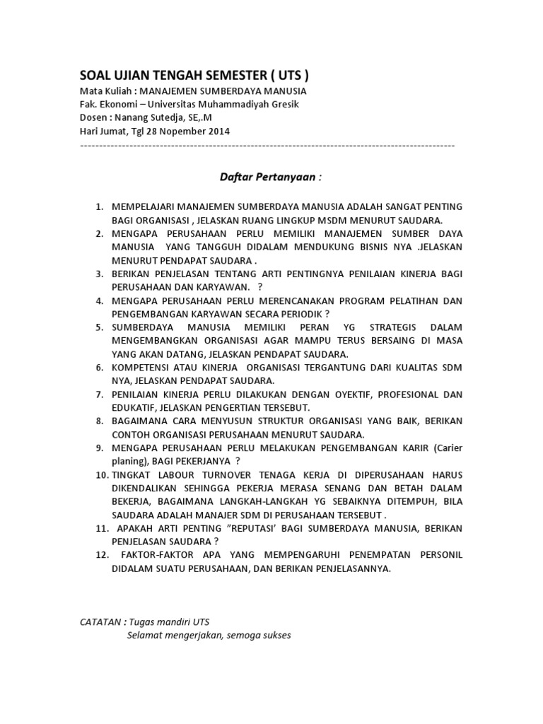Soal UTS Manajemen Sumber Daya Manusia D | PDF