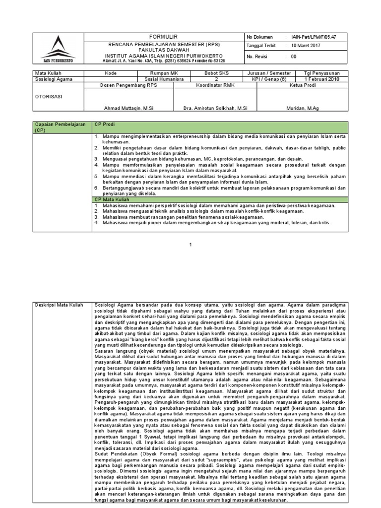 Contoh RPS Mata Kuliah Sosiologi | PDF