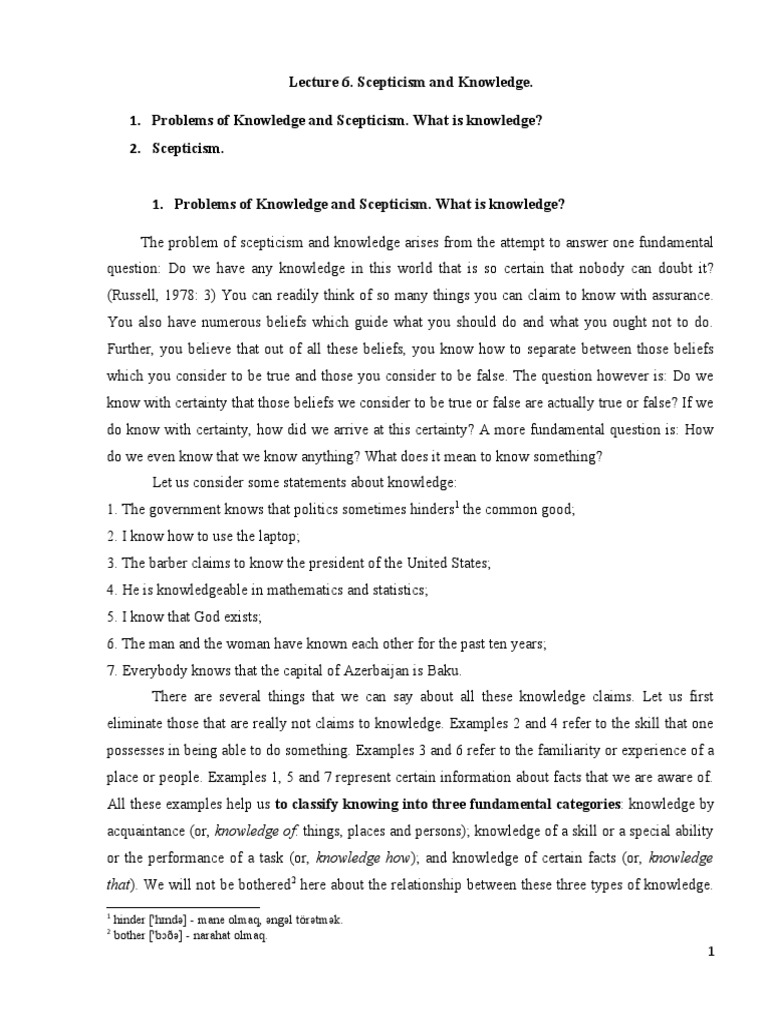 Lecture 6. Scepticism and Knowledge | PDF | Skepticism | Knowledge