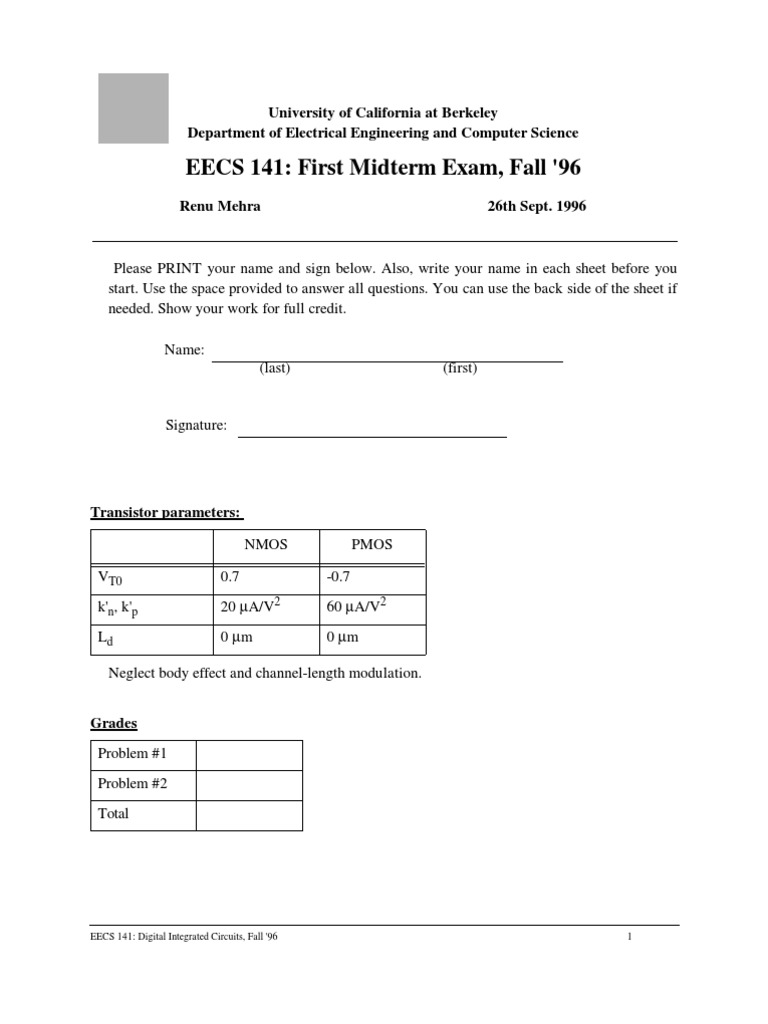 EECS 141: First Midterm Exam, Fall '96 | PDF | Cmos | Electrical Circuits