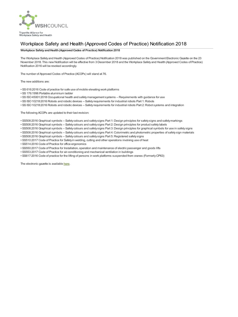 Workplace Safety and Health (Approved Codes of Practice) Notification ...