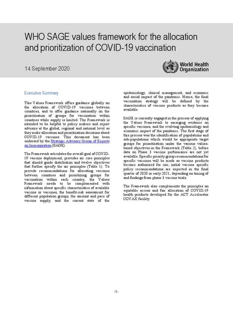 WHO SAGE Values Framework For The Allocation and Prioritization of ...