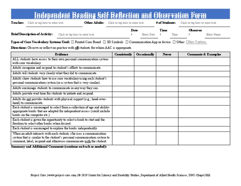 AAC Independent Reading Observation Form | PDF | Cognition | Human ...