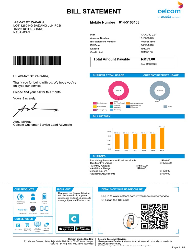Bill Statement: Mobile Number 014-5103103 | PDF