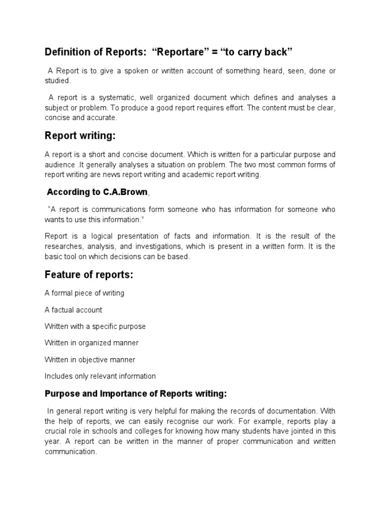 Definition of Reports: "Reportare" "To Carry Back": According To C.A ...