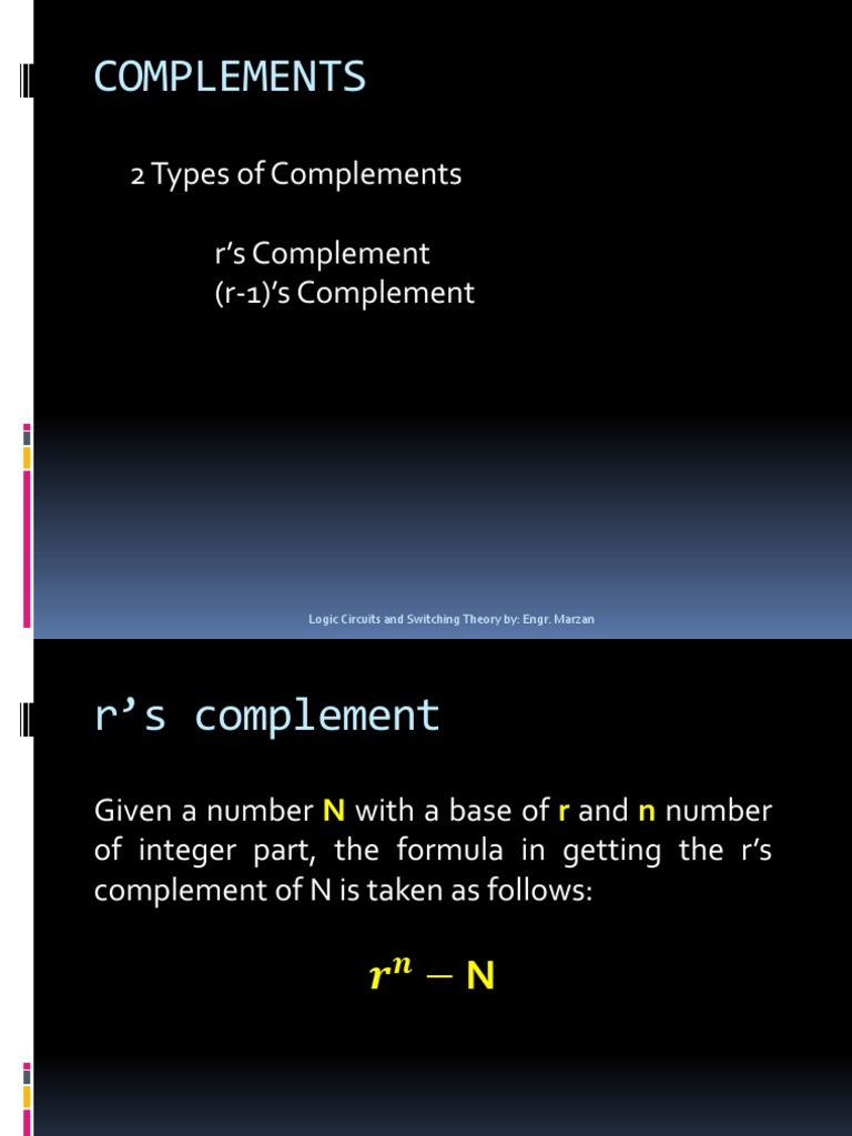 Complements: 2 Types of Complements R's Complement (r-1) 'S Complement ...