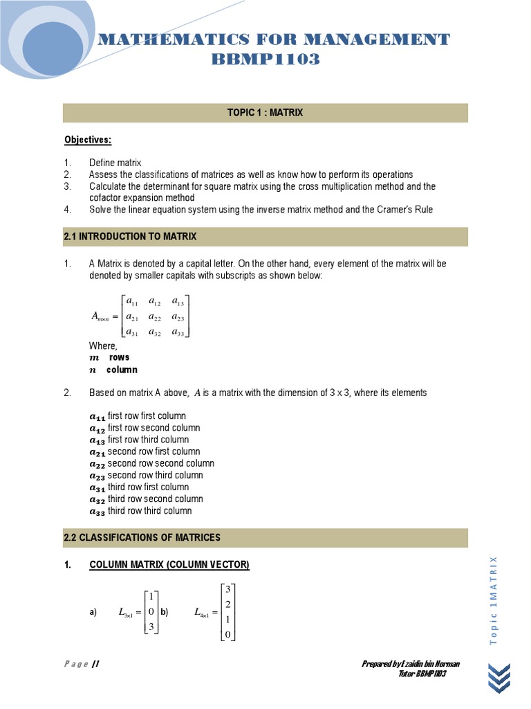 Topic 1 Matrix PDF | PDF | Matrix (Mathematics) | Determinant