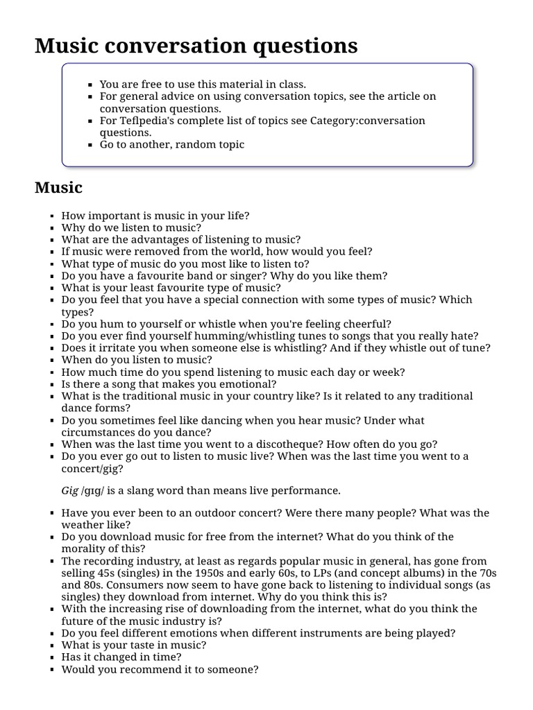 Music Conversation Questions - Teflpedia | PDF | Music Industry ...