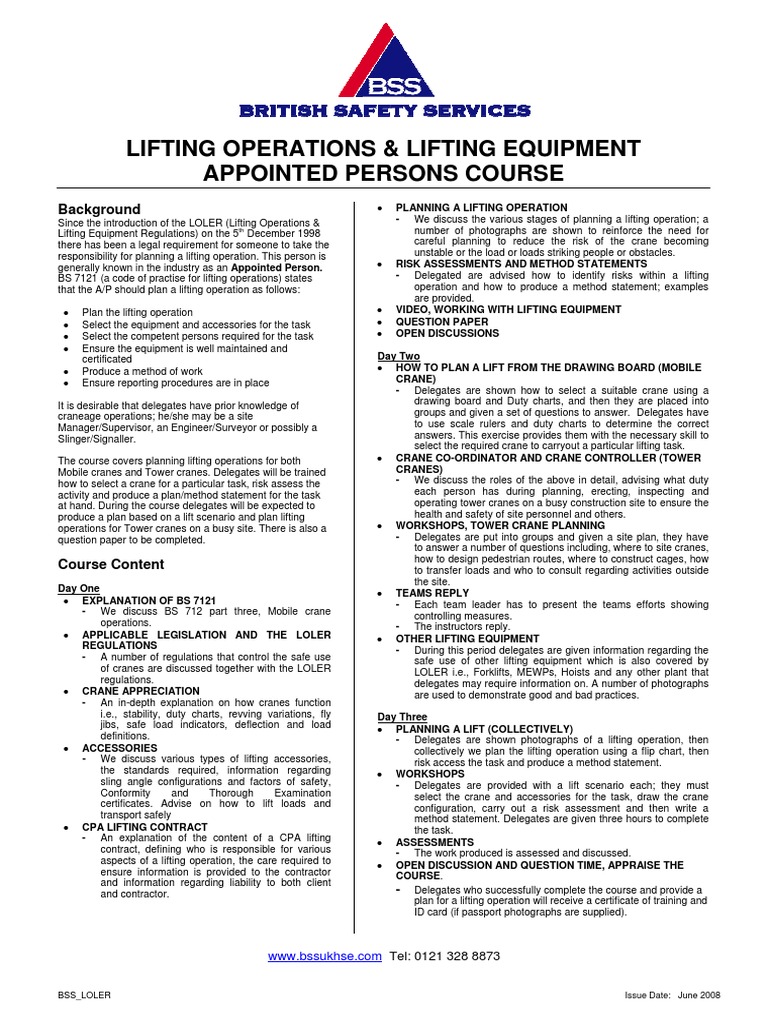 BSS - Appointed Person PDF | Download Free PDF | Crane (Machine) | Safety