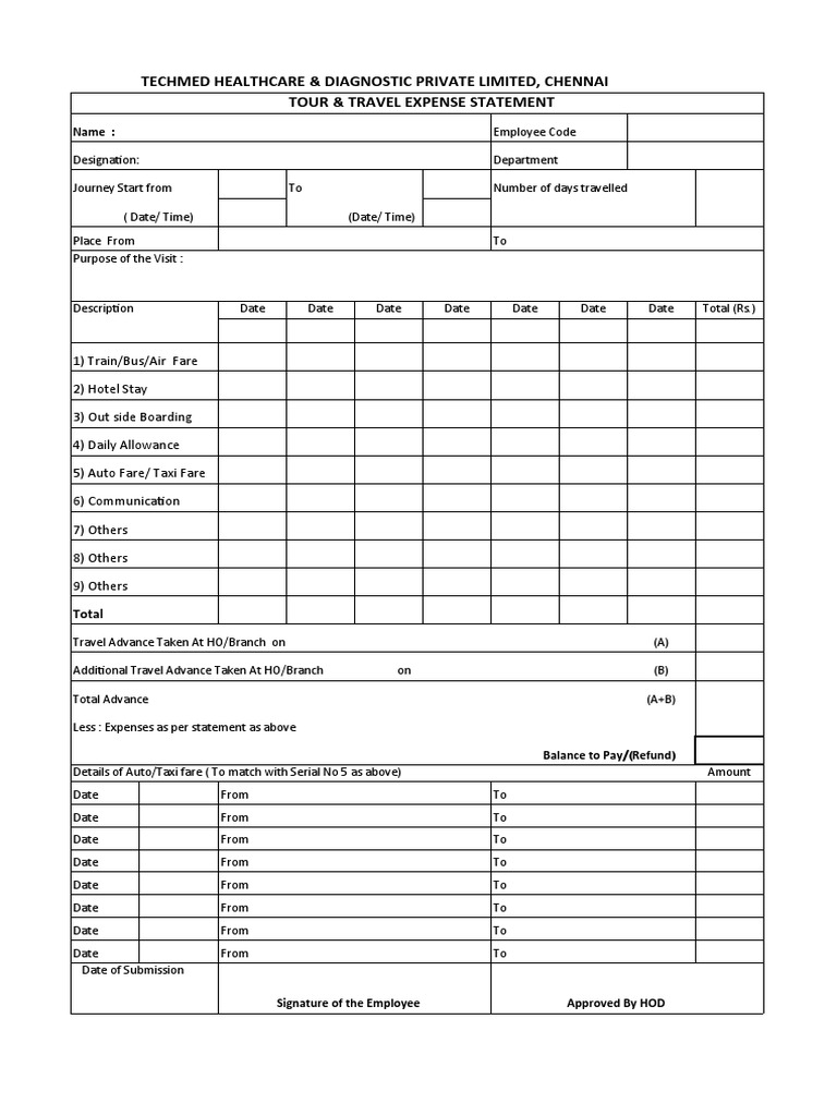 Tour & Travel Expense Format | PDF