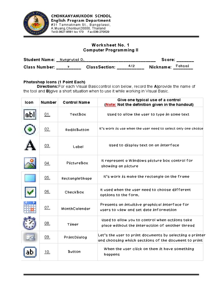 Worksheet No. 1 Computer Programming Ii Student Name: - Score: - Class ...