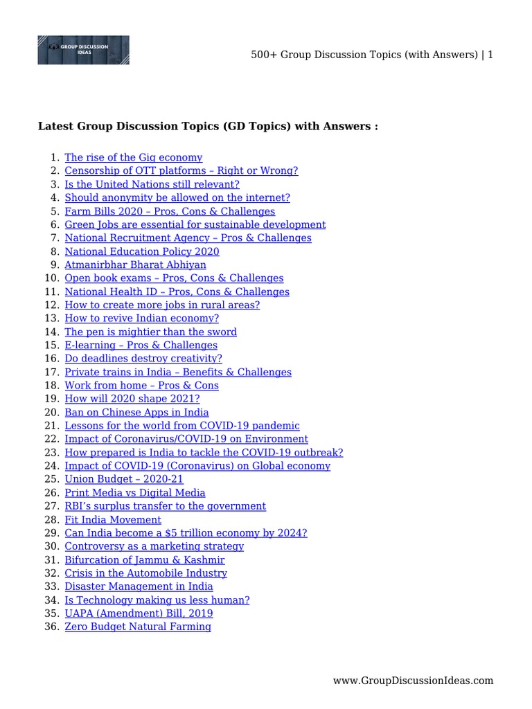 500+ Group Discussion Topics & Answers | PDF | Economy Of India | Poverty