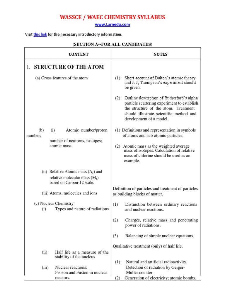 WASSCE - WAEC Chemistry Syllabus | PDF | Electrochemistry | Redox