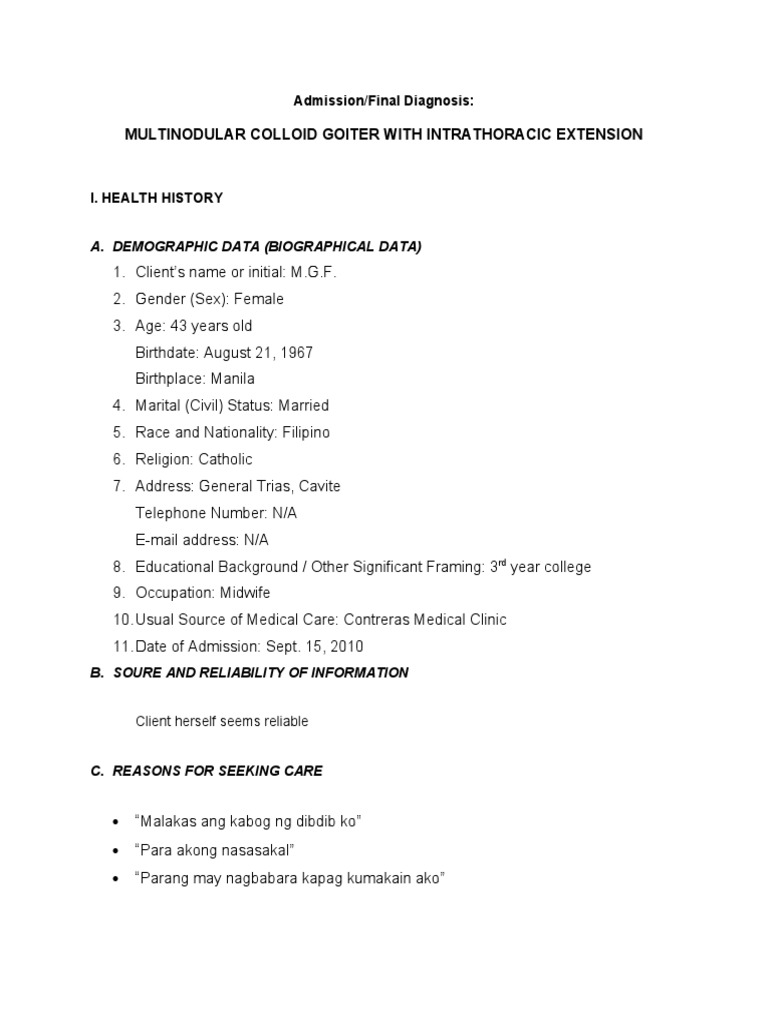 Multinodular Colloid Goiter With Intrathoracic Extension: Admission ...