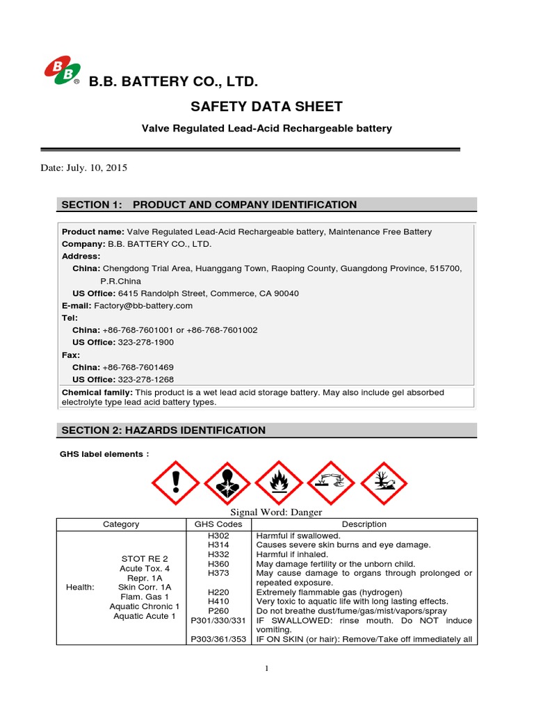B.B. Battery Co., Ltd. Safety Data Sheet: Valve Regulated Lead-Acid ...