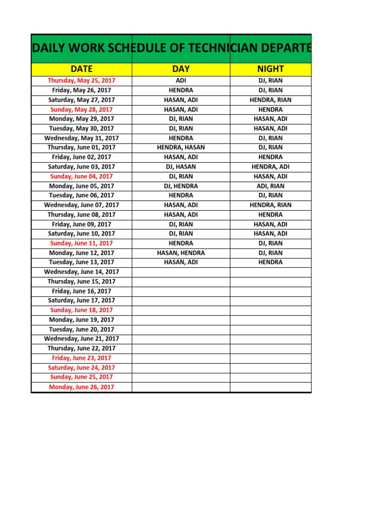 Daily Work Schedule of Technician Departement: Date DAY Night | PDF