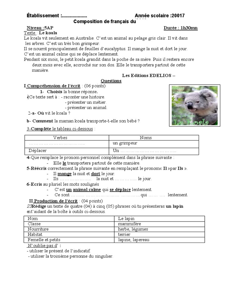 Sujets de français 5AP 2ème trimestre | PDF | Koala | Mammifères