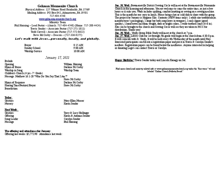 Gehman Church Weekly Bulletin | PDF