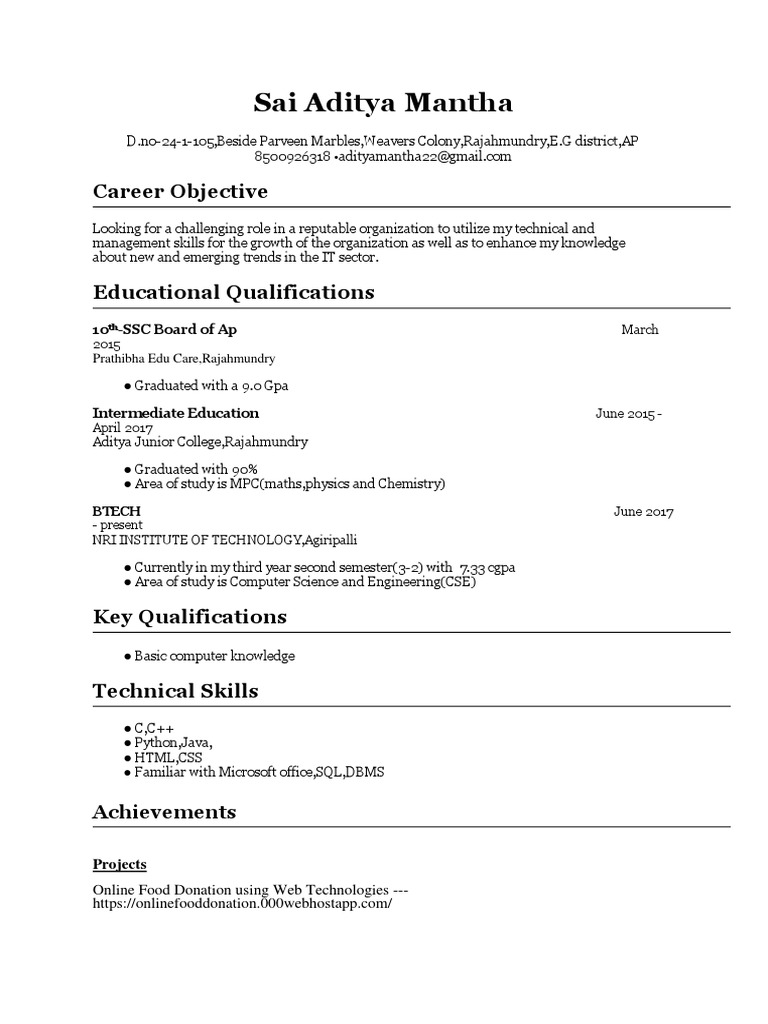 Sai Aditya Mantha: Career Objective | PDF | Science And Technology ...