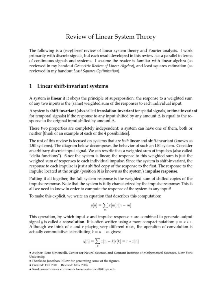 Review of Linear System Theory: 1 Linear Shift-Invariant Systems | PDF ...