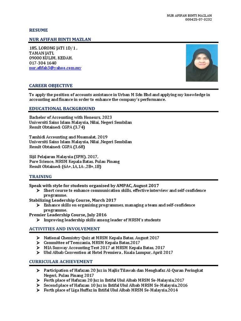 Resume Nur Afifah Binti Mazlan: Training | PDF | Malaysia