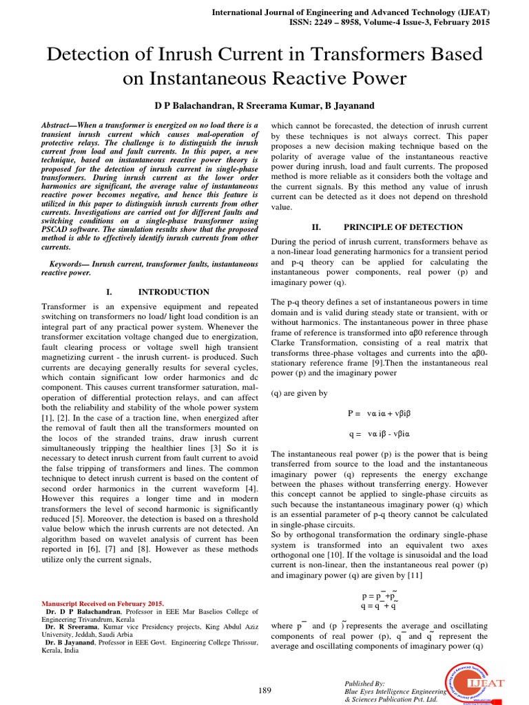 Detection of Inrush Current in Transformers Based On Instantaneous ...