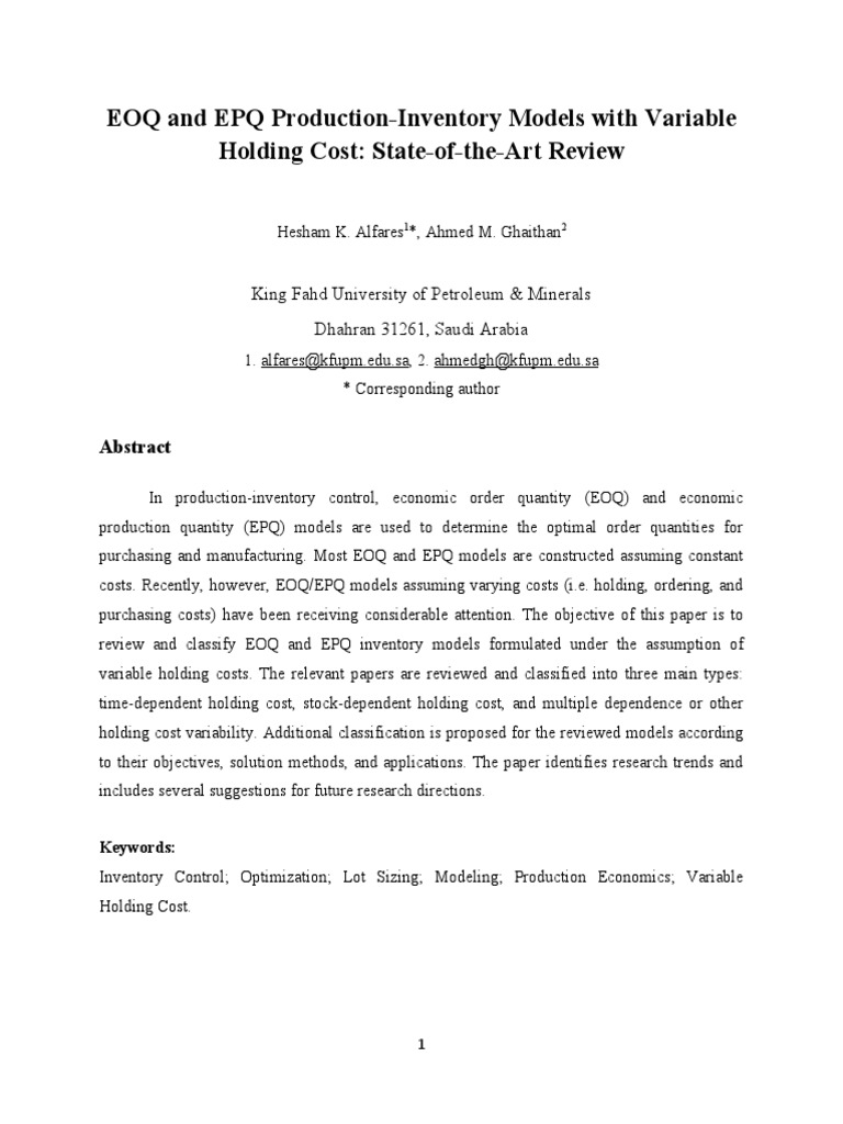 EOQ and EPQ Production-Inventory Models With Variable Holding Cost: State-of-the-Art Review ...