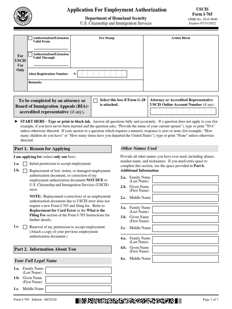 Application For Employment Authorization | PDF | Social Security Number ...